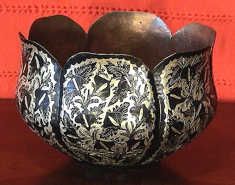Folk Art Leaves Black Silver & Copper Bowl